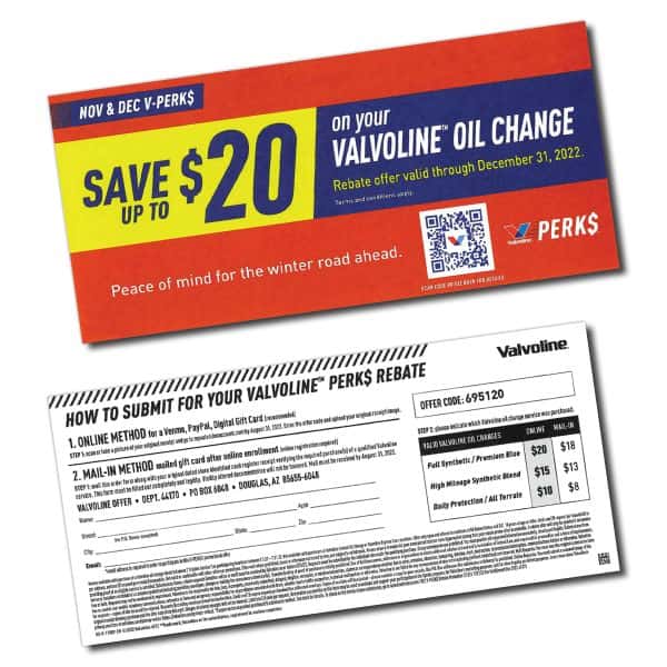 Valvoline Perks Oil Change Nov-Dec Rebate Offer | Tubbs Brothers Inc